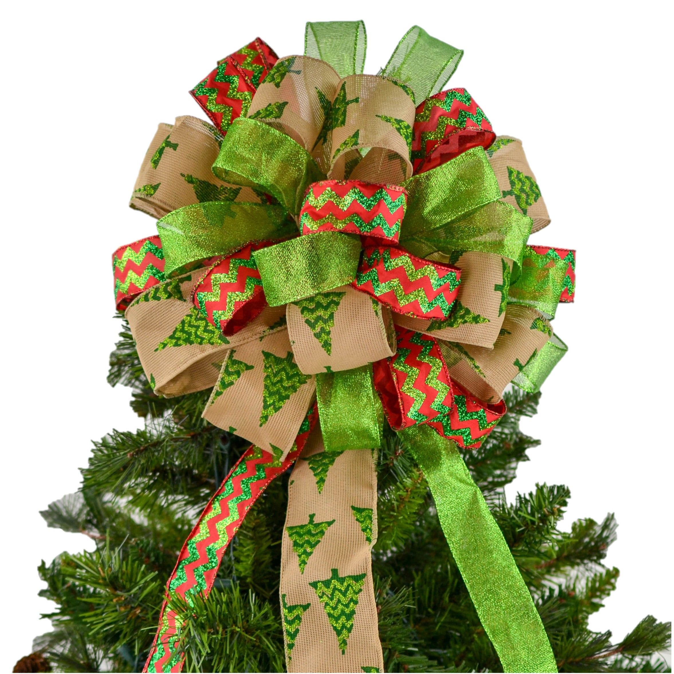 Christmas Tree Topper Bow | Red Burlap Lime Green – Pink Door Wreaths
